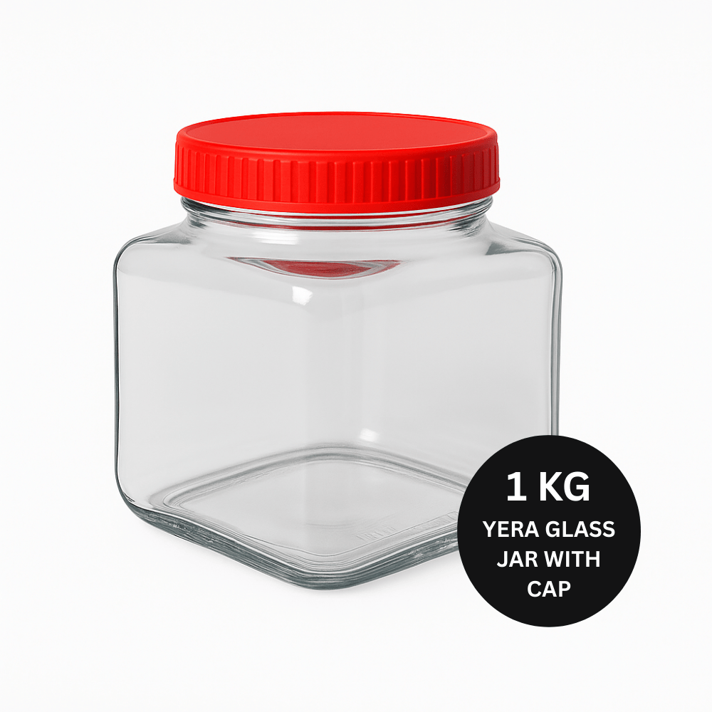 Yera 1kg Square Glass Storage Jar with Red Cap – Airtight Kitchen Cont ...